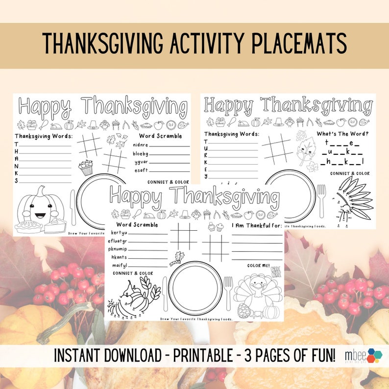 Thanksgiving Activity Placemats for Kids, Printable Games, Fall ...