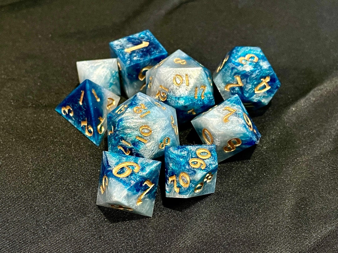 9 Piece Custom Polyhedral Sharp Edge RPG DND Dice Set Metallic Blue ...