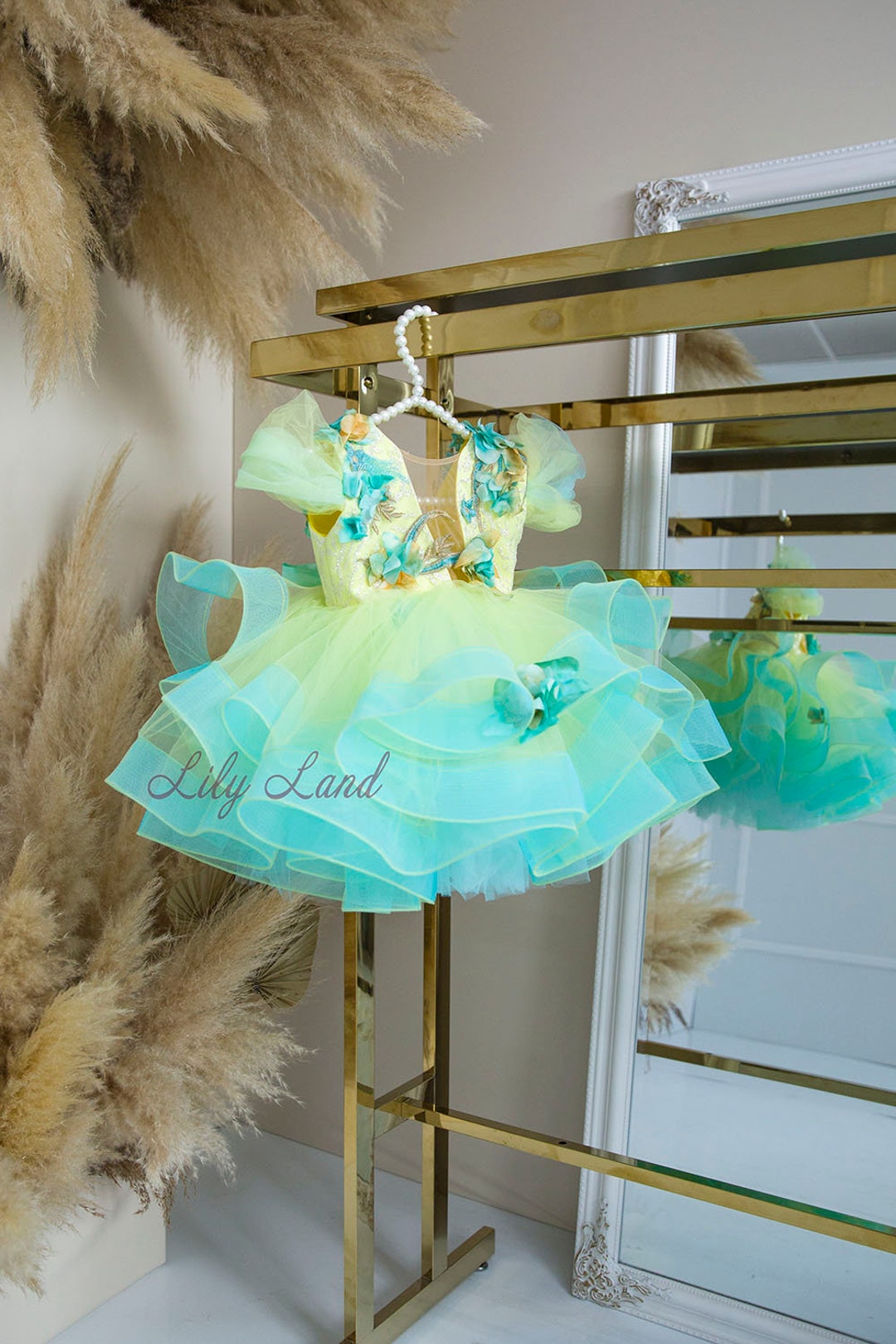 Yellow Blue Prom Ball Gown Dress, Birthday Party Dress With 3D Flowers ...