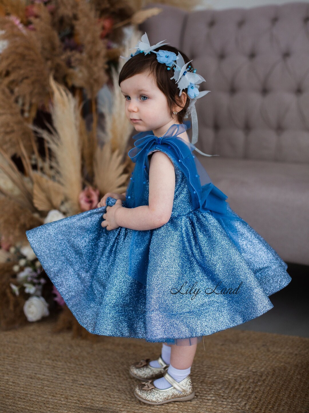 Navy Blue Birthday Party Dress, Glitter Flower Girl Dress, Open Back ...