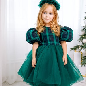 Green Christmas Dress for Girl, Plaid Christmas Toddler Gown, Short ...