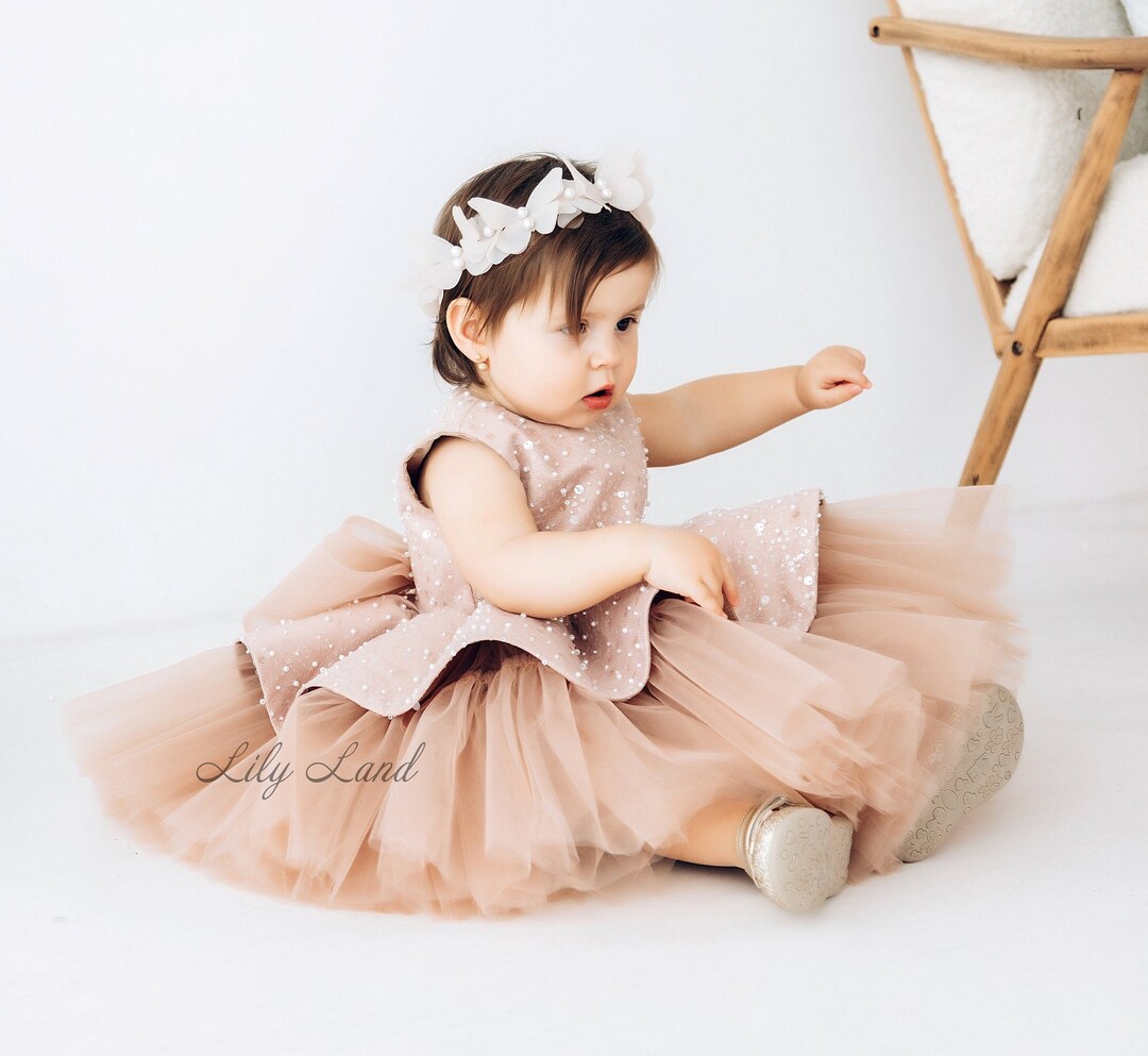 1st Birthday Dress, Tutu Toddler Dress, Cappuccino Flower Girl Dress ...