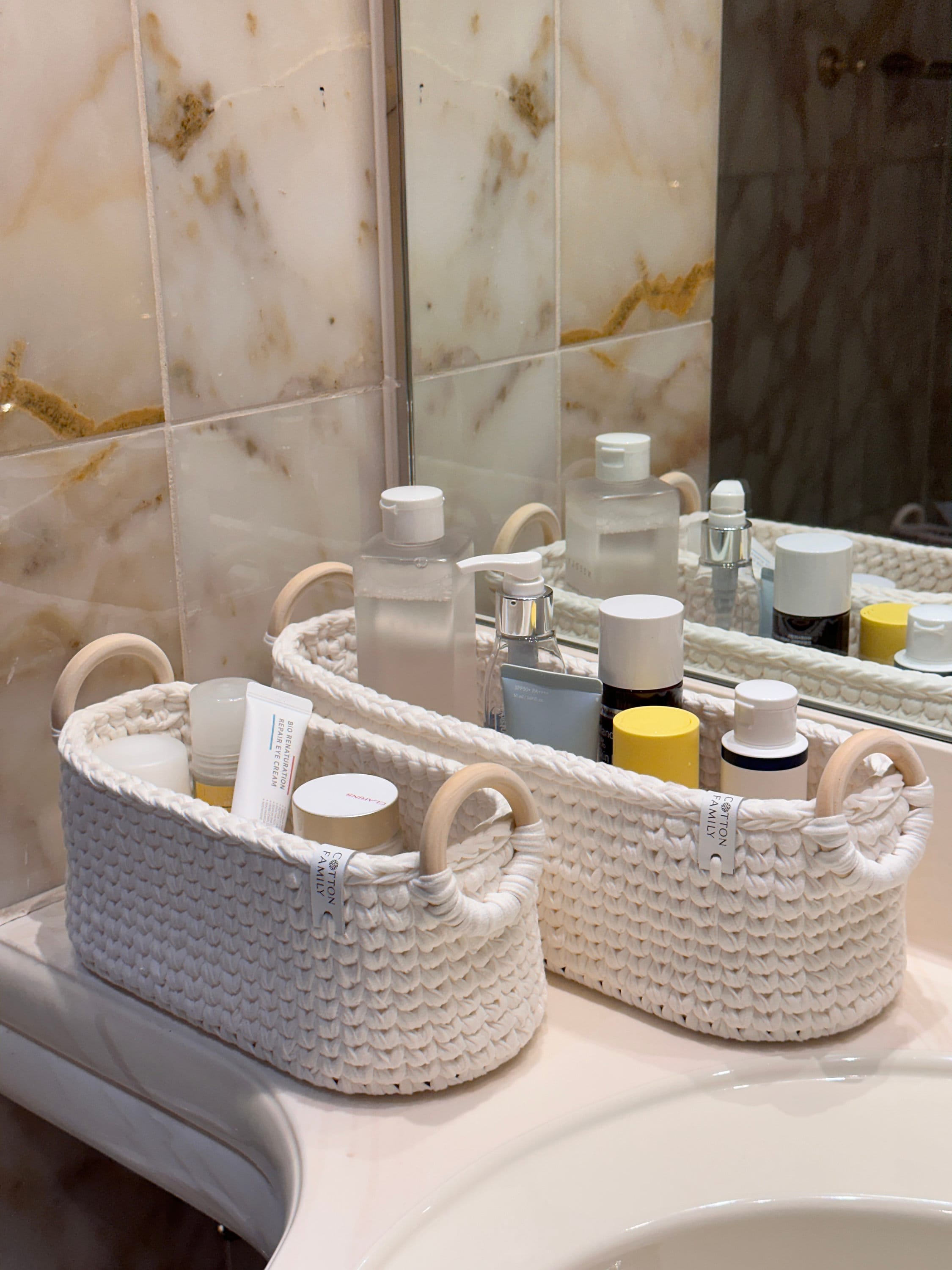 Two Knitted Long and Narrow Storage Baskets. Bathroom Storage ...