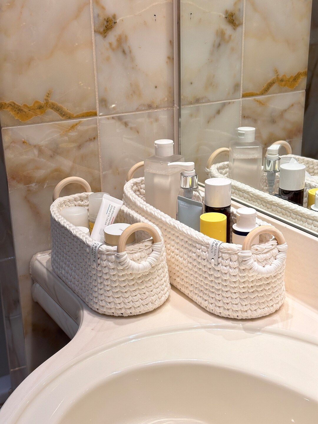 Set of Long Knitted Cotton Storage Baskets With Wooden Handles and Base ...