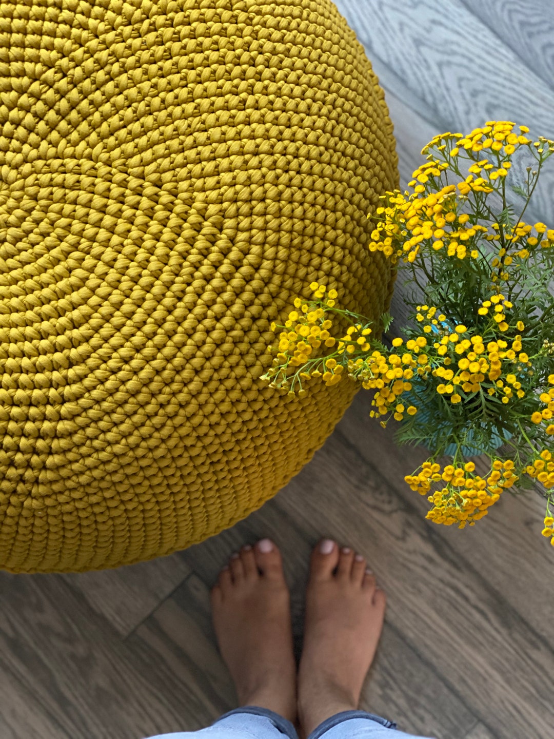 Round Crochet Stuffed Pouf BOHO. Ottoman Pouf Footstool. Knitted Pillow ...