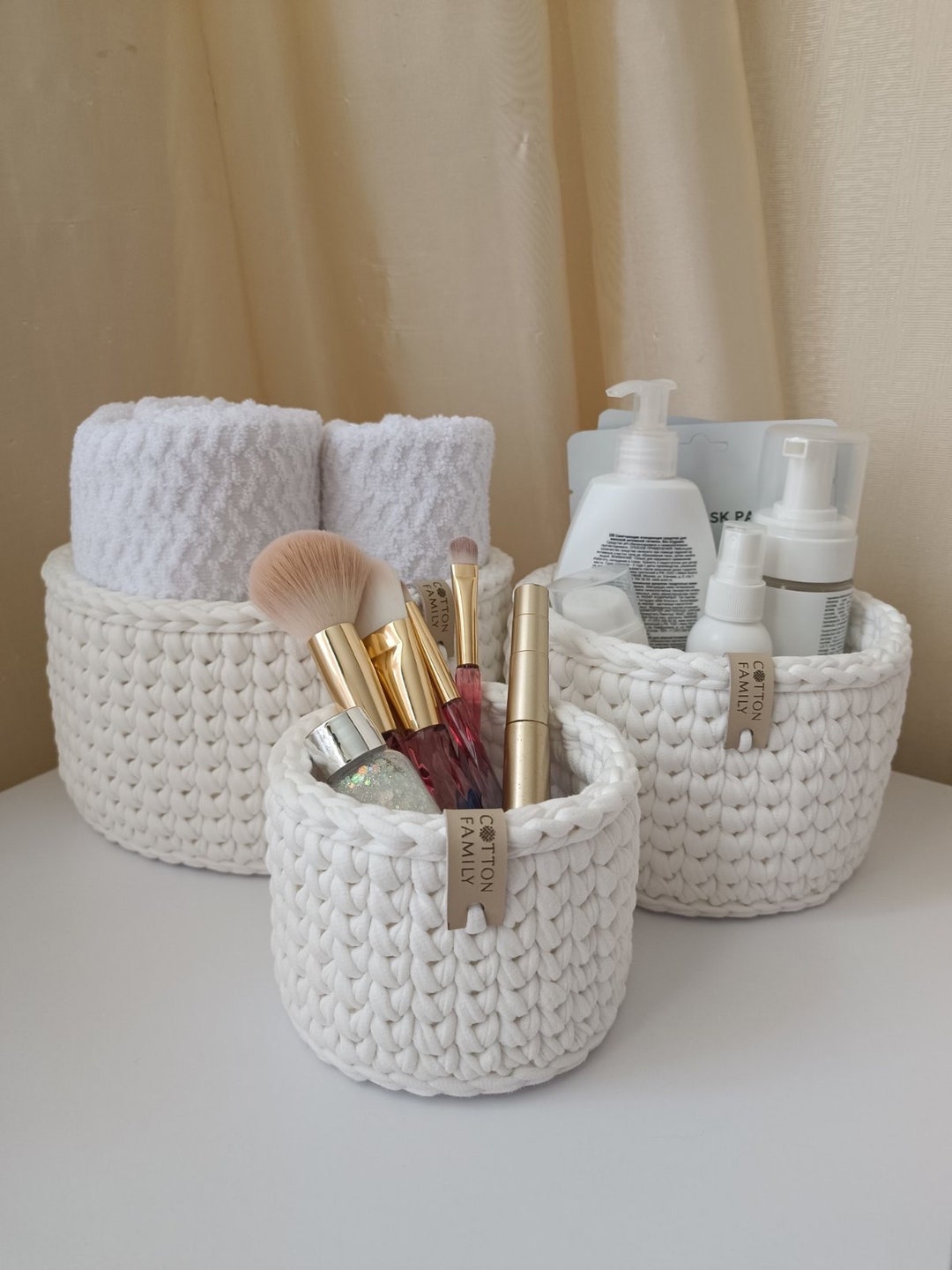 Set of 3 Crochet Cotton Baskets | Round Knit Yarn Organizers | Handmade ...