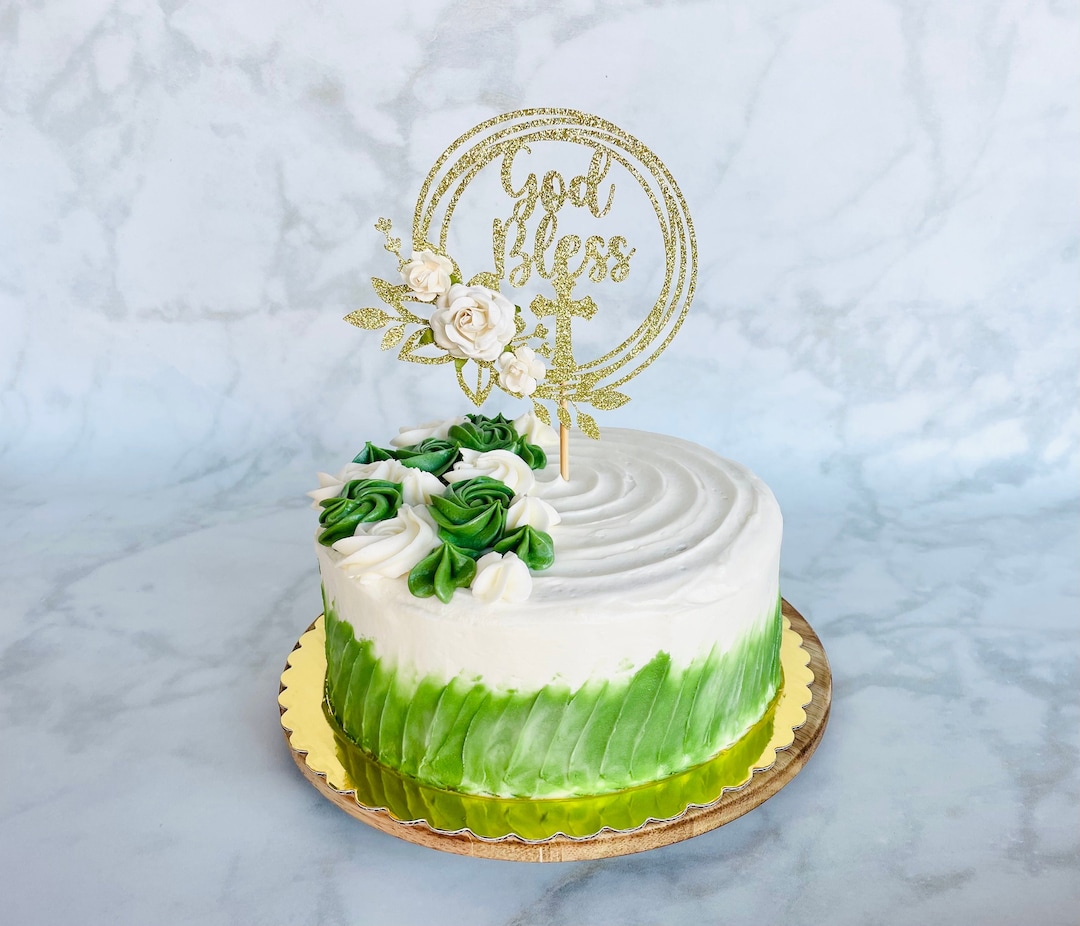 God Bless Cake Topper Gold Glitter With White Flowers - Etsy