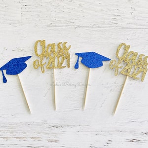 Class of 2024 and Cap Cupcake Toppers, Royal Blue and Gold Glitter ...