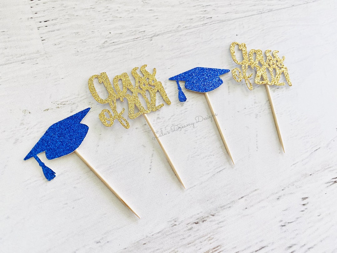 Class of 2024 and Cap Cupcake Toppers, Royal Blue and Gold Glitter ...