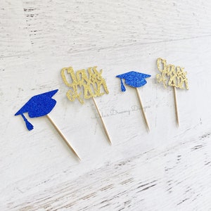 Class of 2024 and Cap Cupcake Toppers, Royal Blue and Gold Glitter ...