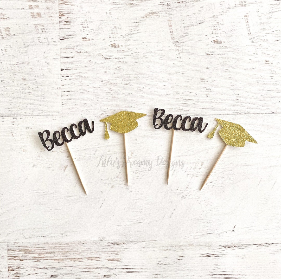 Personalized Name and Cap Cupcake Toppers. Black and Gold Glitter ...