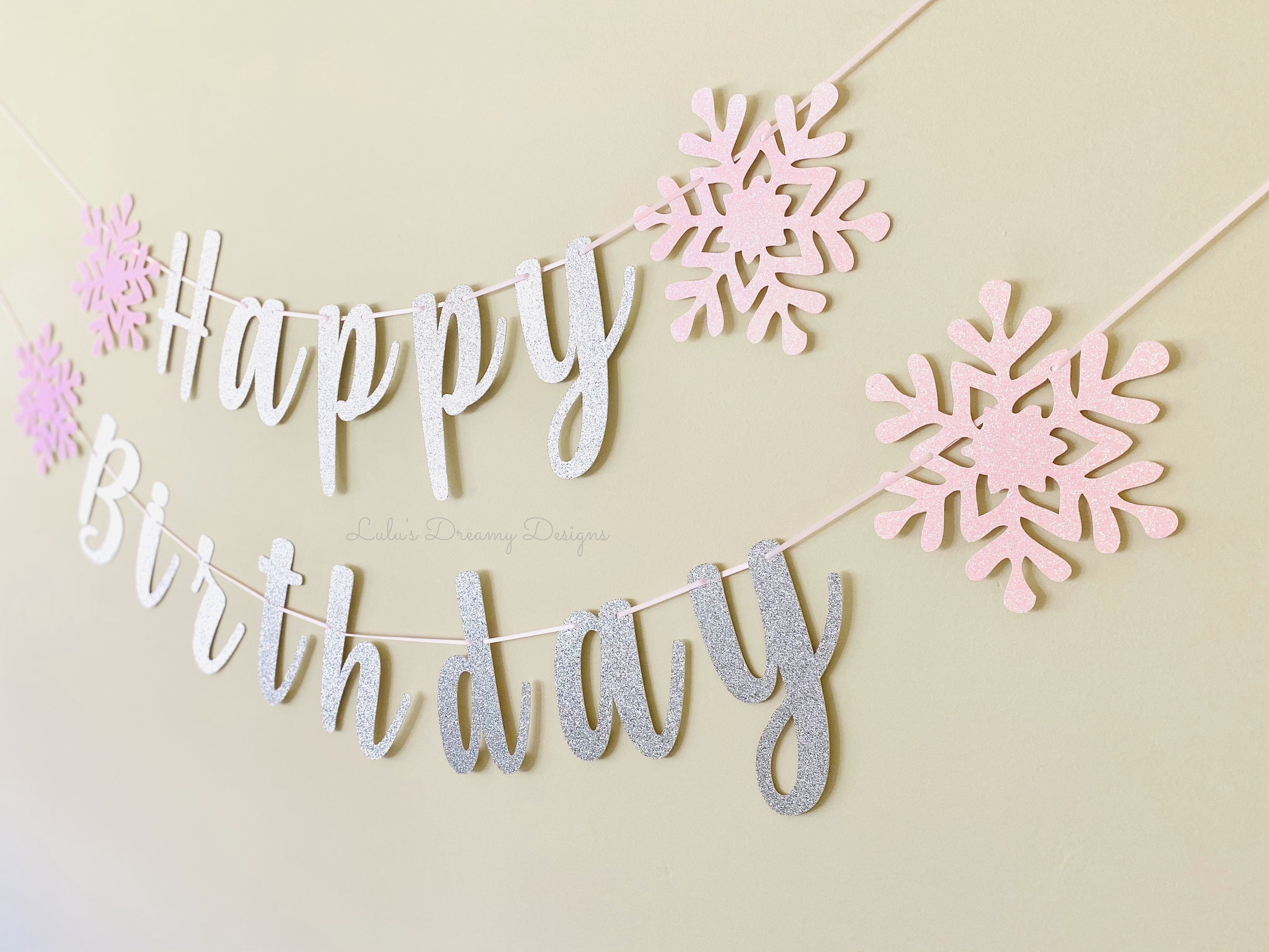 Winter Wonderland Happy Birthday Banner Pink and Silver | Etsy