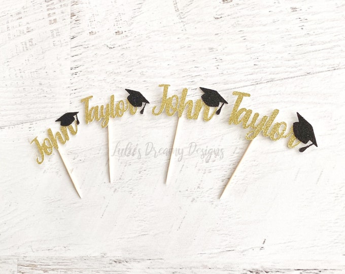 Personalized Grad Name Cupcake Toppers. Gold and Black Glitter ...