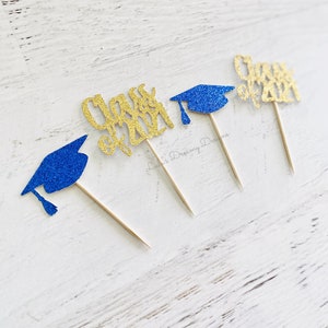 Class of 2024 and Cap Cupcake Toppers, Royal Blue and Gold Glitter ...