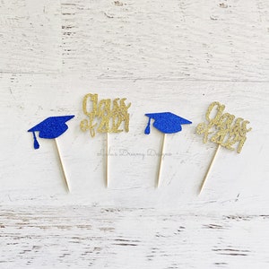Class of 2024 and Cap Cupcake Toppers, Royal Blue and Gold Glitter ...