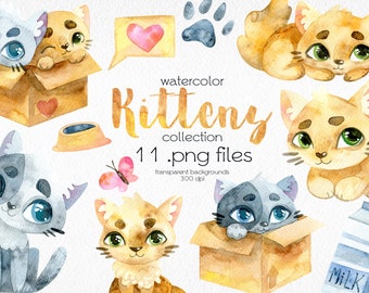 Watercolor Cats Clipart Kitten Clip Art Mommy and Baby Cat | Etsy