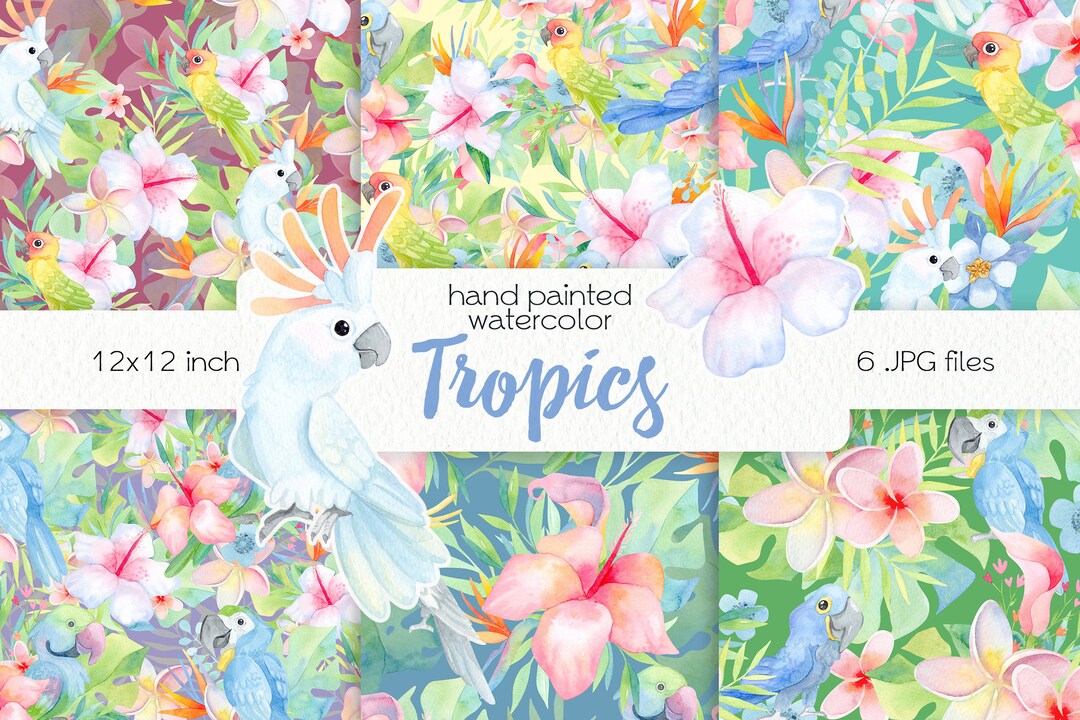 Watercolor Tropical Birds Digital Paper / Parrots Scrapbook Paper ...