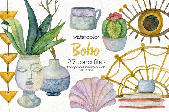 Watercolor Boho Clipart / Modern Home Decor / Trendy Cozy Home | Etsy