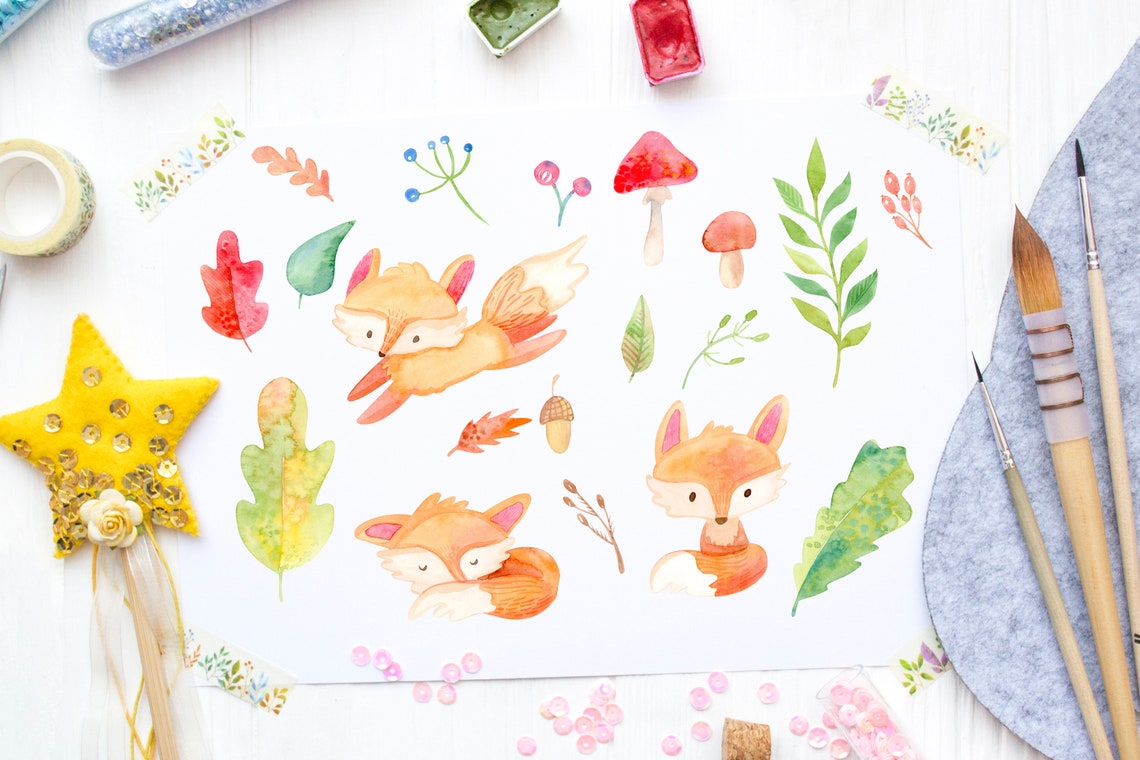 Watercolor Fox Clipart / Forest Animals / Autumn in the Forest - Etsy