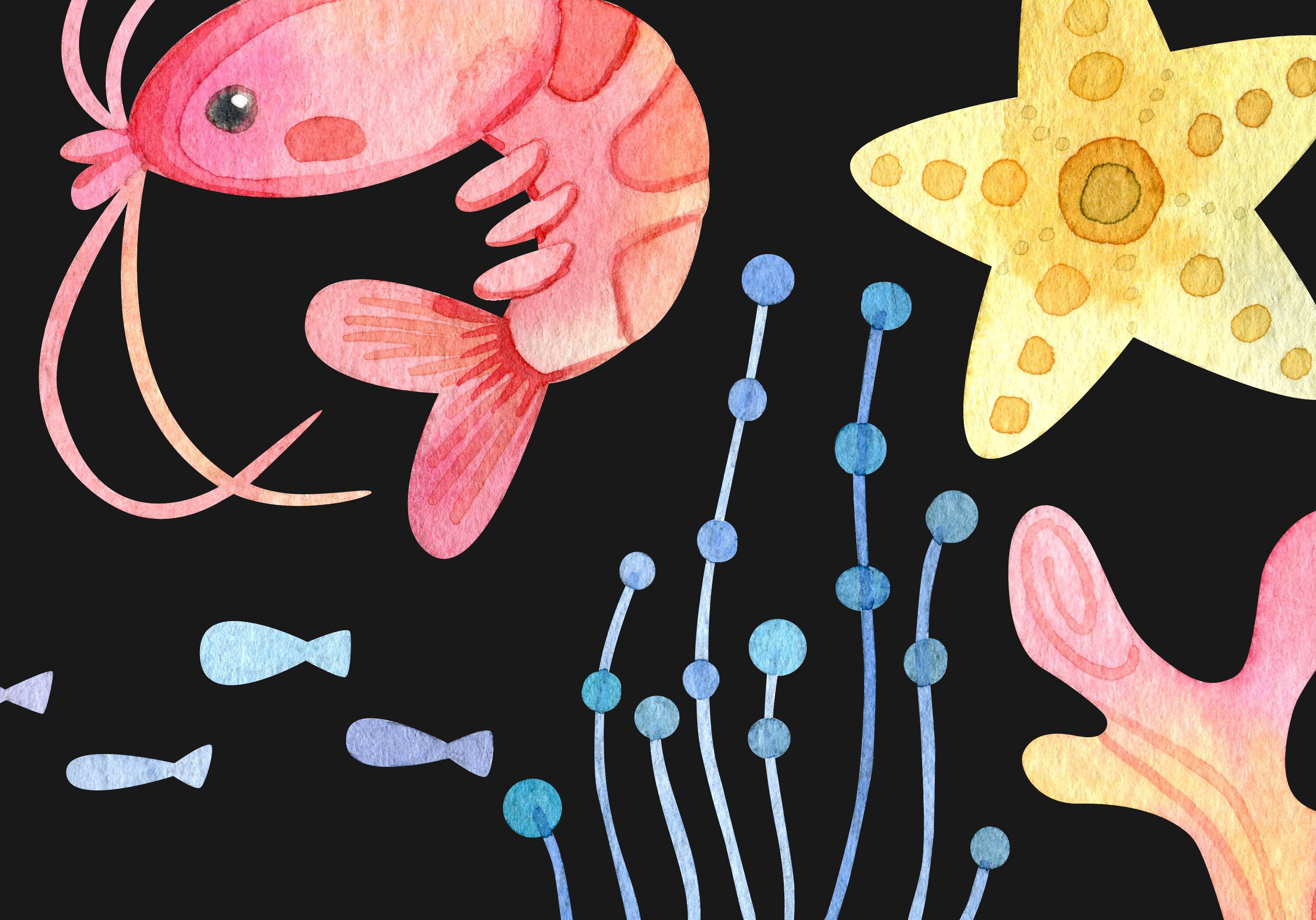 Watercolor Cute Ocean Clipart / Underwater / Shark, Whale, Shrimp ...