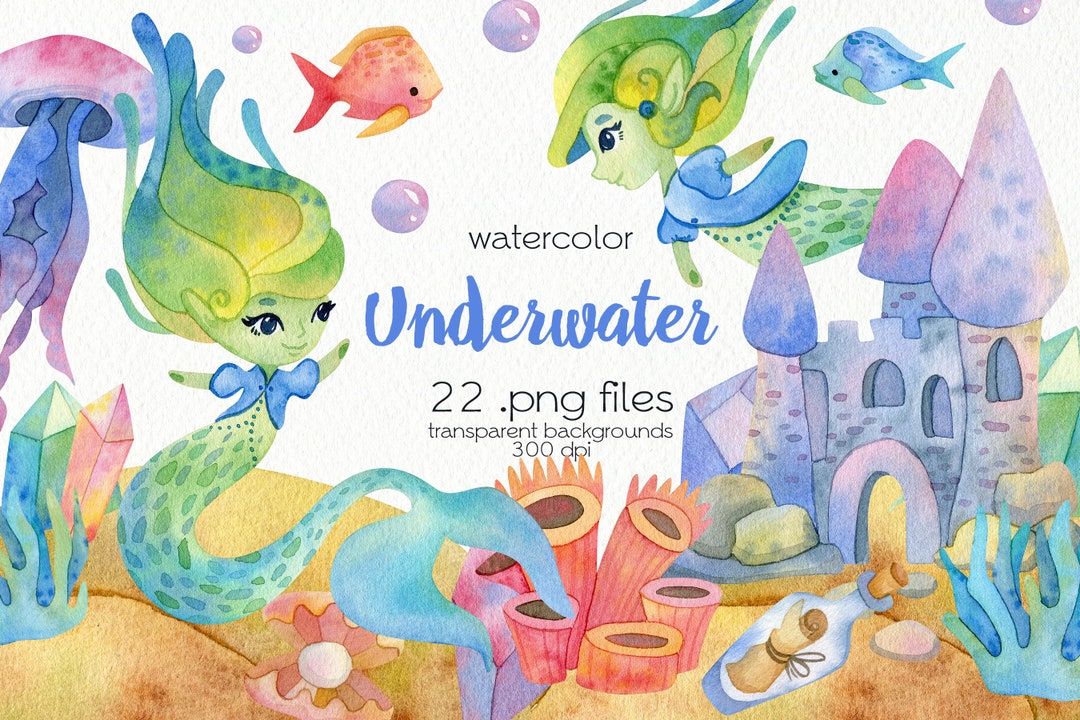 Watercolor Sea Life / Under the Water Clipart / Ocean Cute Mermaids ...