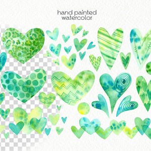 Watercolor Hearts Clipart / Hand Painted Green Hearts / Valentines Day ...