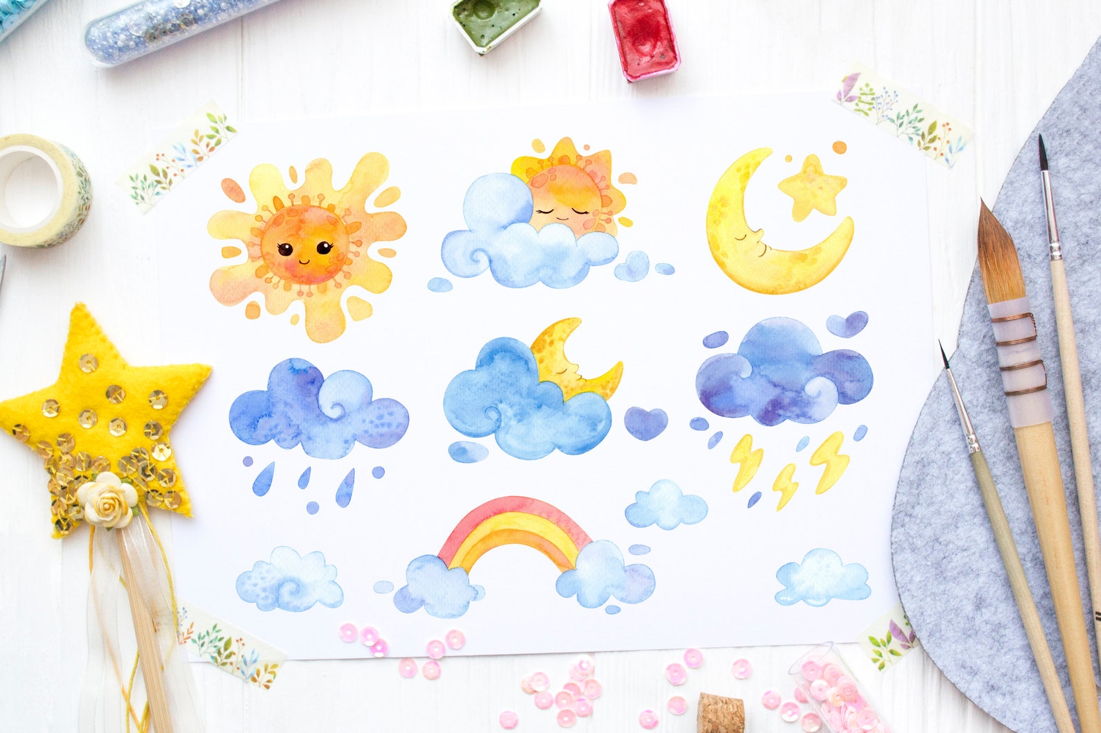 Watercolor Weather Clipart / Cute Moon Sun Stars Clouds - Etsy