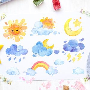 Watercolor Weather Clipart / Cute Moon Sun Stars Clouds Rainbows ...