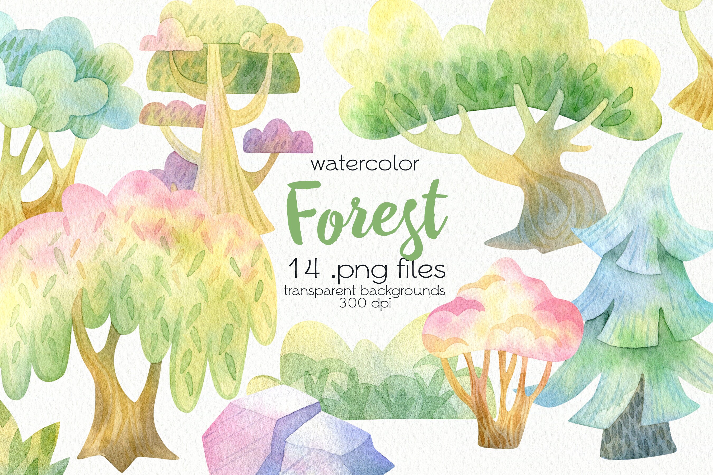 Watercolor Trees Clipart / Cartoon Forest / PNG Files / - Etsy