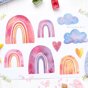 Watercolor Rainbow Clipart / Pink Rainbows, Clouds, Hearts / Printable ...