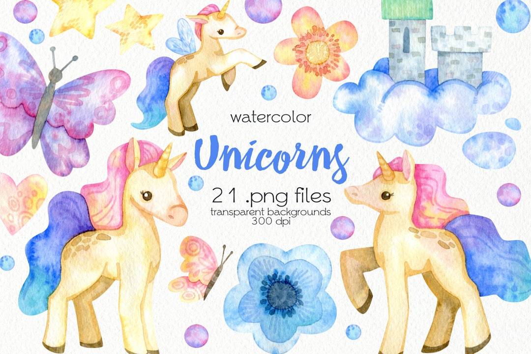 Watercolor Unicorn Clipart / Magical Rainbow / PNG Files / Instant ...