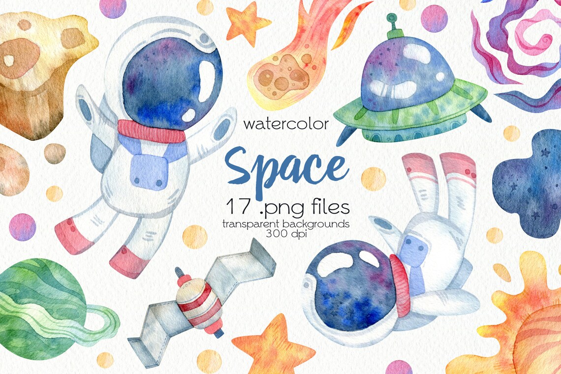 Watercolor Space Clipart / Galaxy Astronaut Alien Rocket | Etsy
