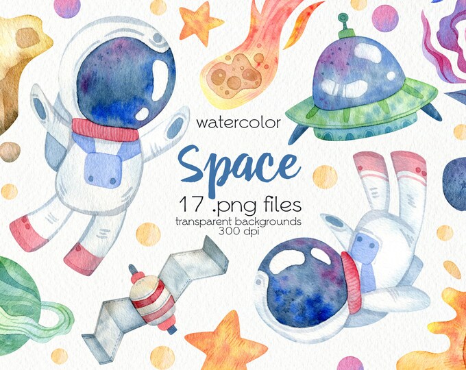 Watercolor Space Clipart / Galaxy Astronaut Alien Rocket - Etsy