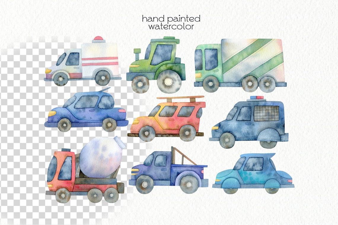 Watercolor Transport Clipart / Cartoon Cars / Digital PNG - Etsy