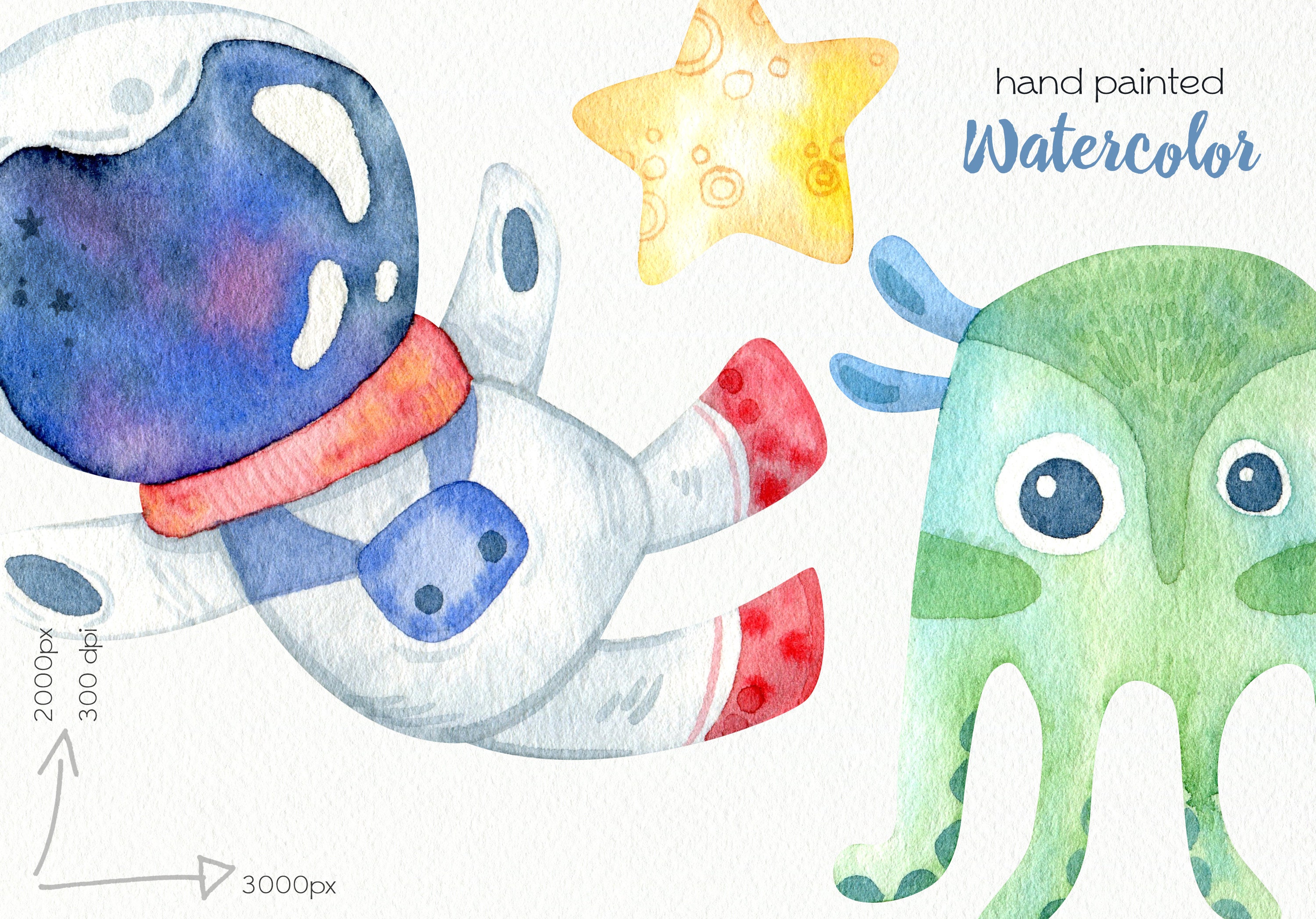 Watercolor Space Clipart / Galaxy, Astronaut, Alien, Rocket Ship ...