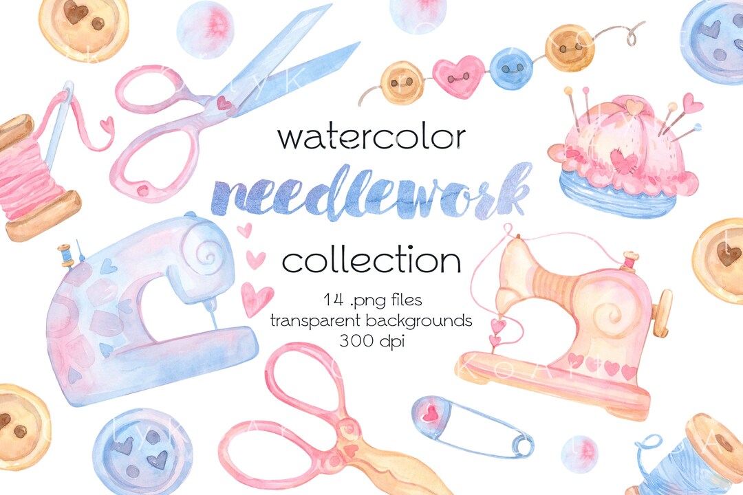 Watercolor Clip Art Needlework and Sewing / Crafts Clipart / Sewing Kit ...