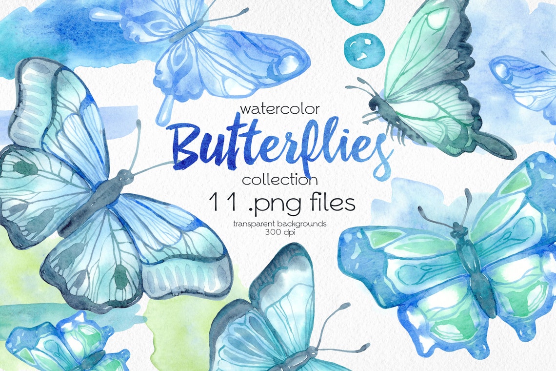 Watercolor Blue Butterflies Clipart / Separate PNG Element / - Etsy