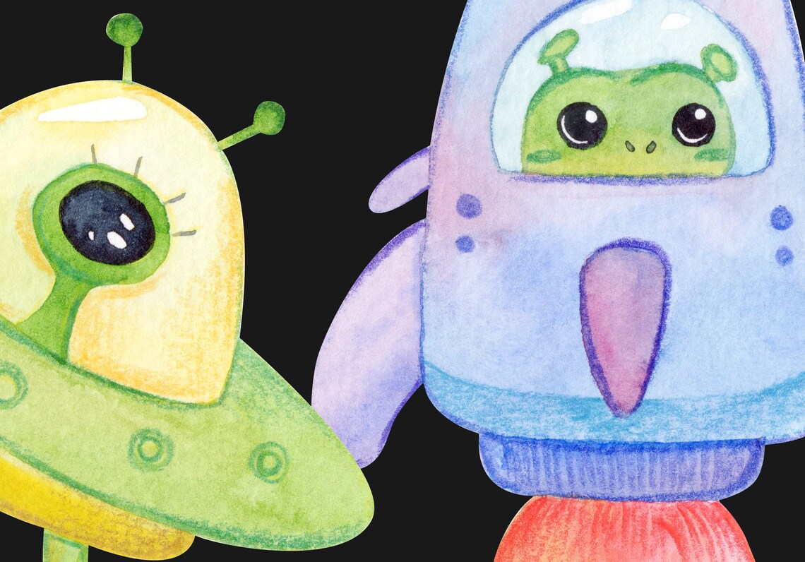 Space Watercolor Clip Art / Planets, Stars, Sun, Aliens, Spaceships ...