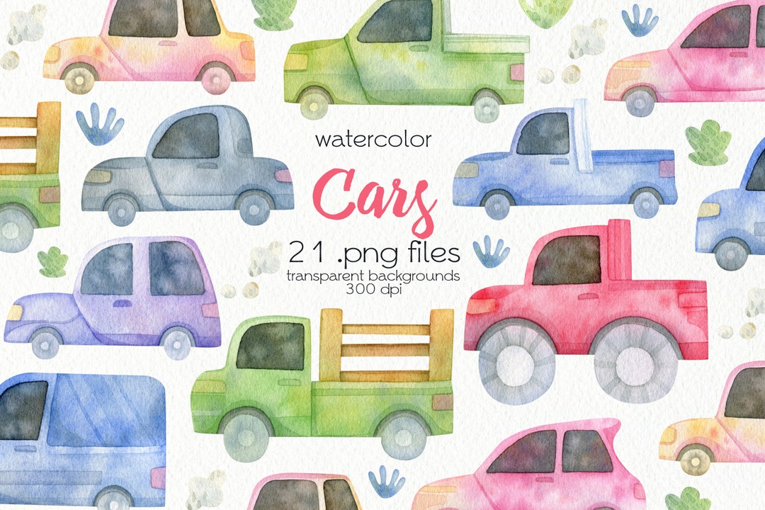 Watercolor Transport Clipart / Cartoon Cars / Digital PNG Files ...