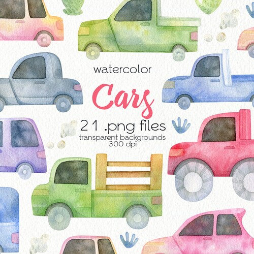 Watercolor Transport Clipart / Cartoon Cars / Nursery Art - Etsy