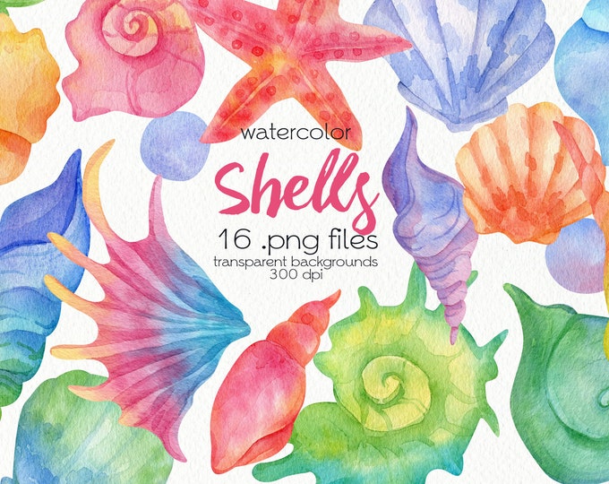Blue Seashells Clip Art, Watercolor Ocean Shells, Stars & Corals ...