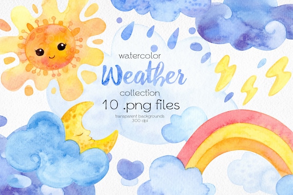 Watercolor Weather Clipart / Cute Moon Sun Stars Clouds | Etsy