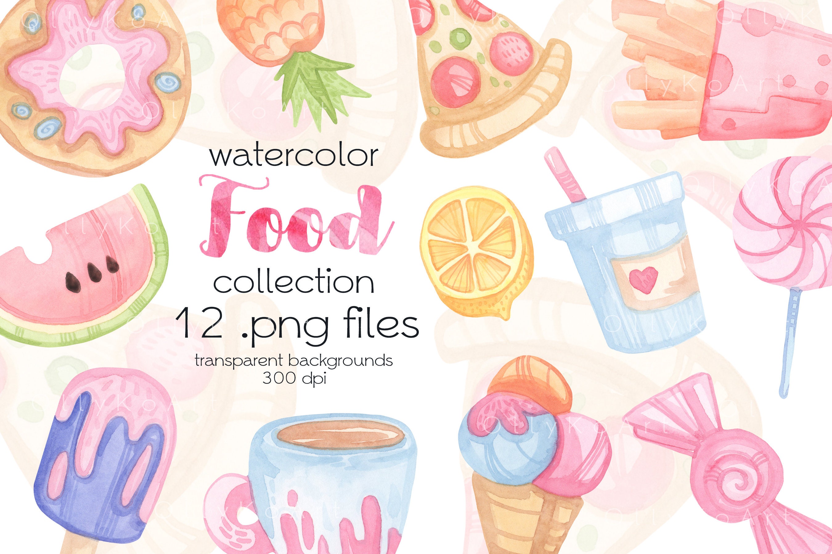 Watercolor Food Clipart / Baking, Sweets, Fast Food, Fruits / Digital ...