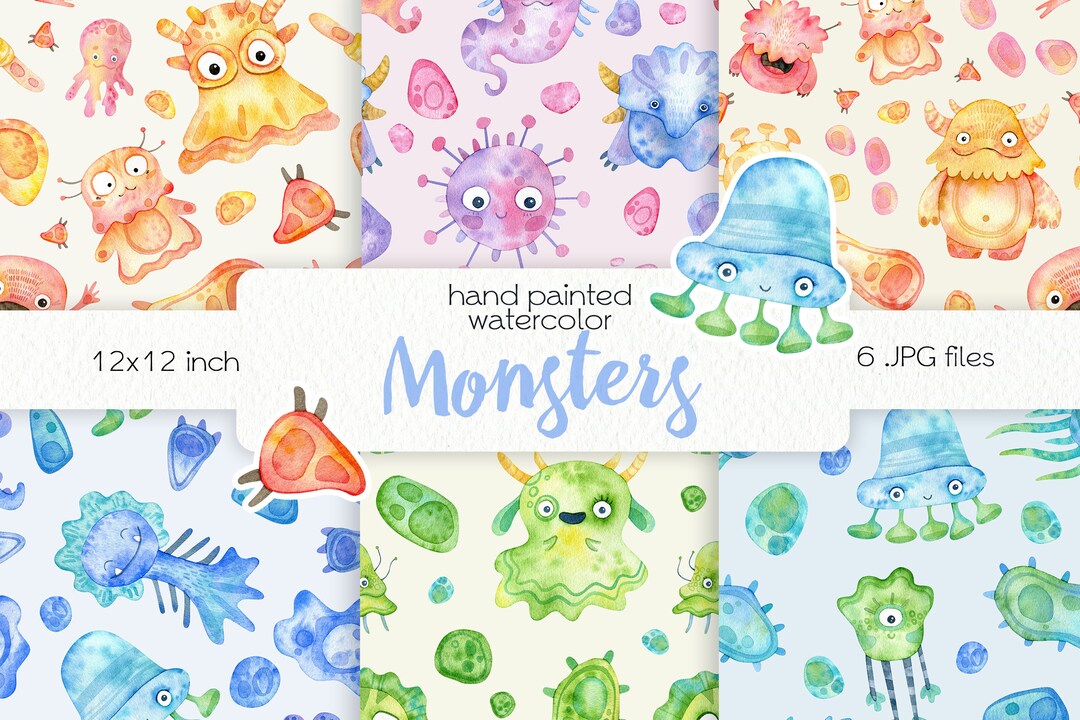 Watercolor Monsters Digital Paper / Scrapbook Paper / Seamless Patterns ...