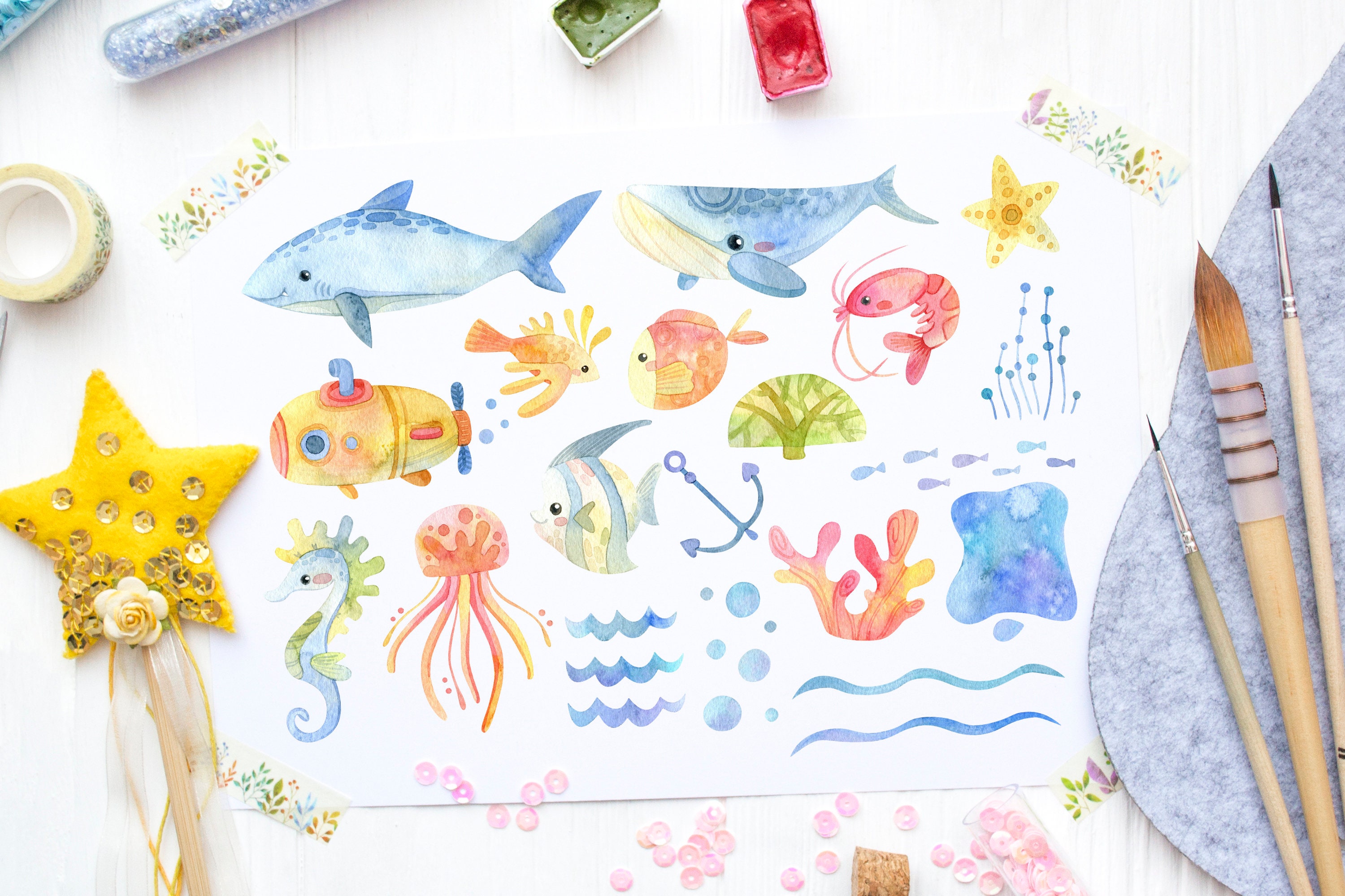 Watercolor Cute Ocean Clipart / Underwater / Shark, Whale, Shrimp ...