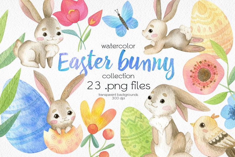Cute Easter Bunny Clipart / Happy Rabbit Clipart / Spring Holiday ...