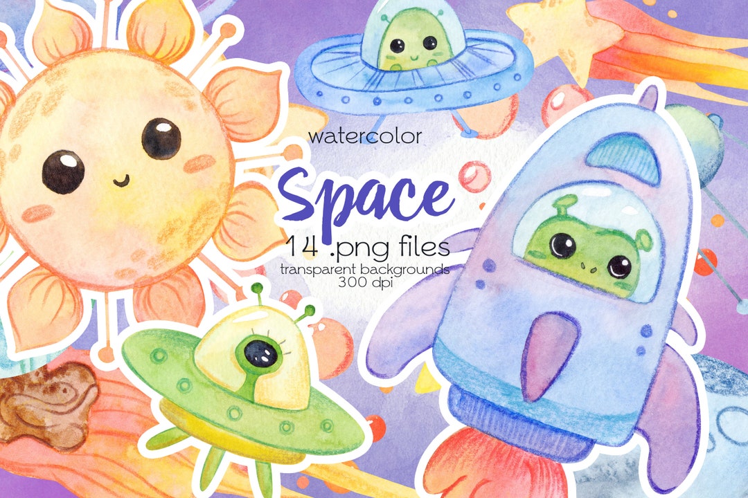 Space Watercolor Clip Art / Planets, Stars, Sun, Aliens, Spaceships ...