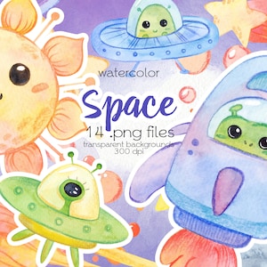 Space Watercolor Clip Art / Planets, Stars, Sun, Aliens, Spaceships ...
