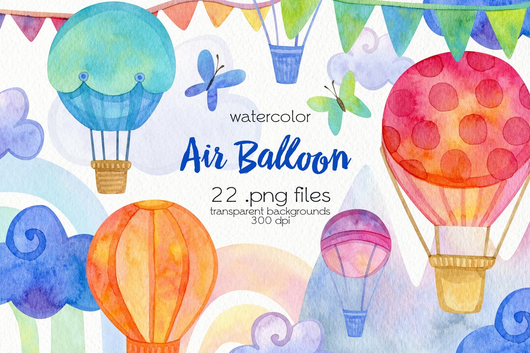 Hot Air Balloon Clipart / Watercolor Nursery Decor / Digital PNG Files ...