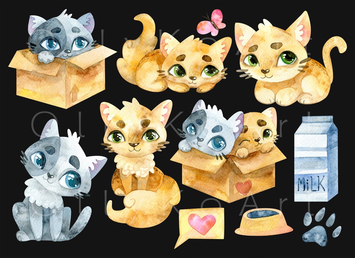 Cute Kittens Clipart / Hand Painted Cats Clipart / Watercolor | Etsy